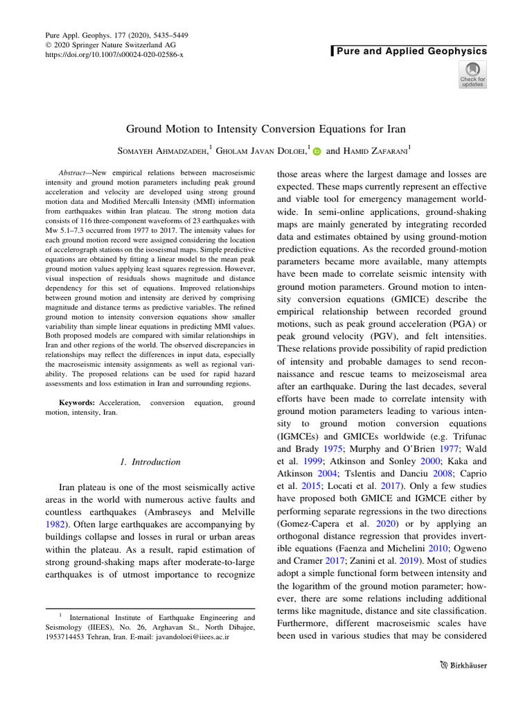 Ground Motion To Intensity Conversion Equations For Iran: Omayeh Hmadzadeh Holam Avan Oloei Amid ...