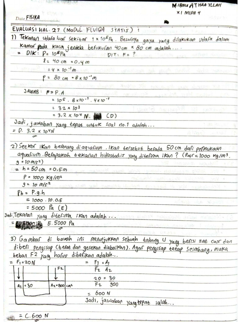 FISIKA Tugas 2 Soal EVALUASI Bab MODUL FLUIDA STATIS Hal. 27 | PDF