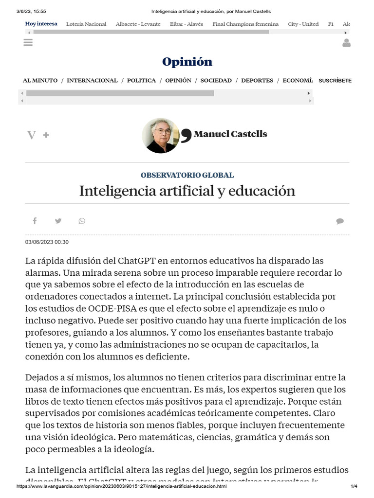 Inteligencia Artificial y Educación, Por Manuel Castells | PDF