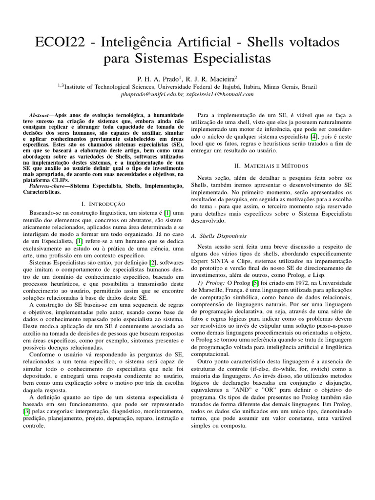 Inteligência Artificial Shells para Sistemas Especialistas | PDF