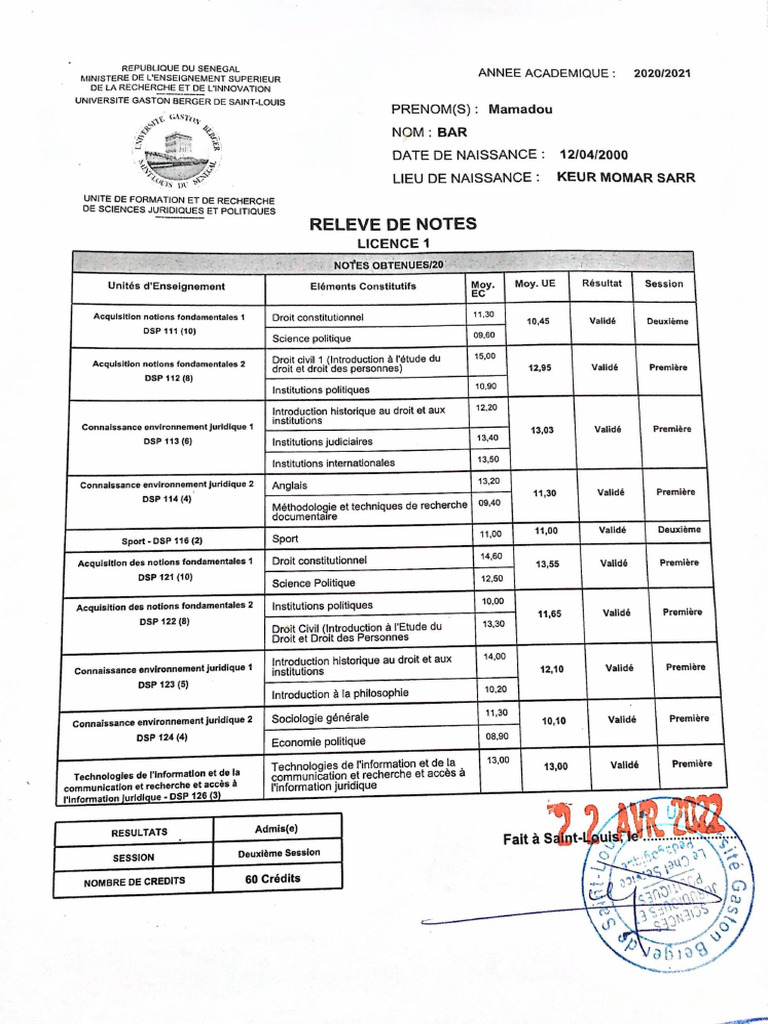 Relevé de Note | PDF