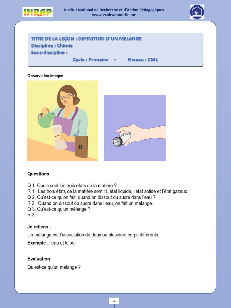 Chimie - CM1 - Definition Dun Melange | PDF