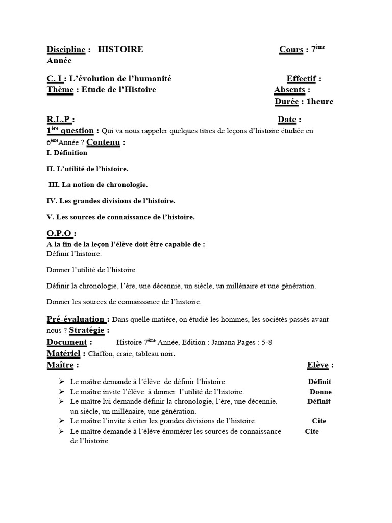 fiche de préparation Histoire 7ème Année . | PDF