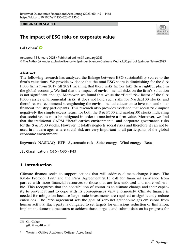 AULA 8 - COHEN, Gil. The Impact of ESG Risks On Corporate Value. Review of Quantitative Finance ...
