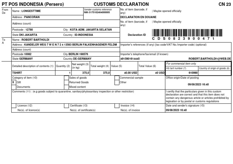 Customs Declaration CN 23 Form | PDF