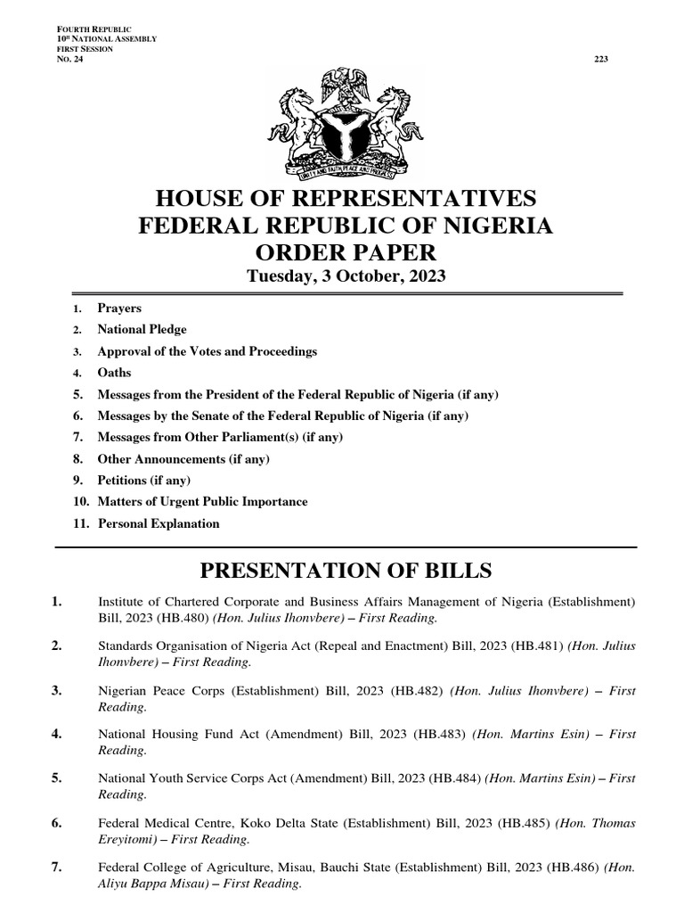 Nigeria House of Representatives Order Paper | PDF | Law