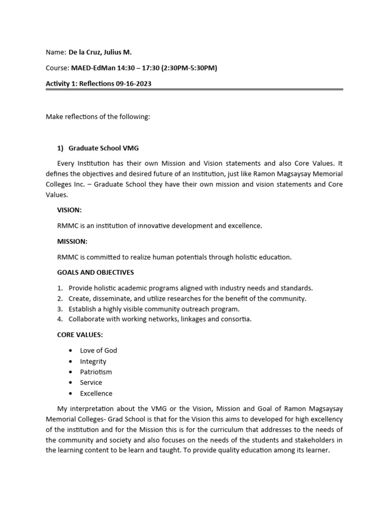 Reflection Paper On RMMC Graduate School VMG, Intro To Statistics and ...
