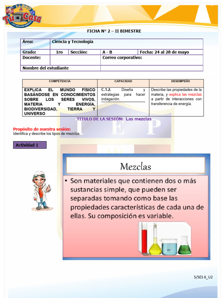 FICHA DE TRABAJO Nro 2 - 1ro - II BIM | PDF | Mezcla | Química