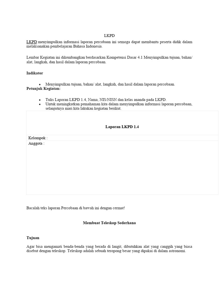 Lkpd Teks Laporan Percobaan Pdf