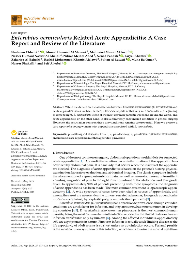 Enterobius Vermicularis Related Acute Appendicitis: A Case Report and Review of The Literature | PDF