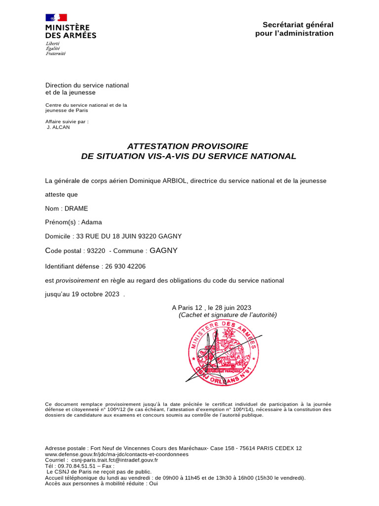 Attestation Provisoire JDC-10 DRAME | PDF
