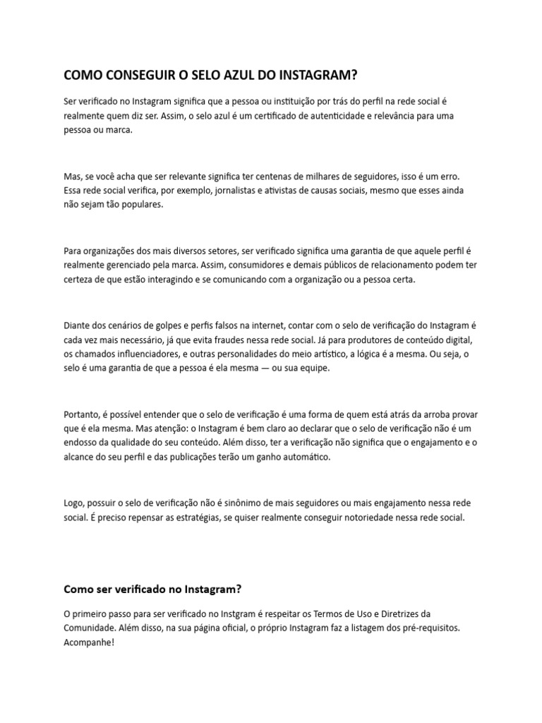 Selo Azul Do Instagram Dicas | PDF