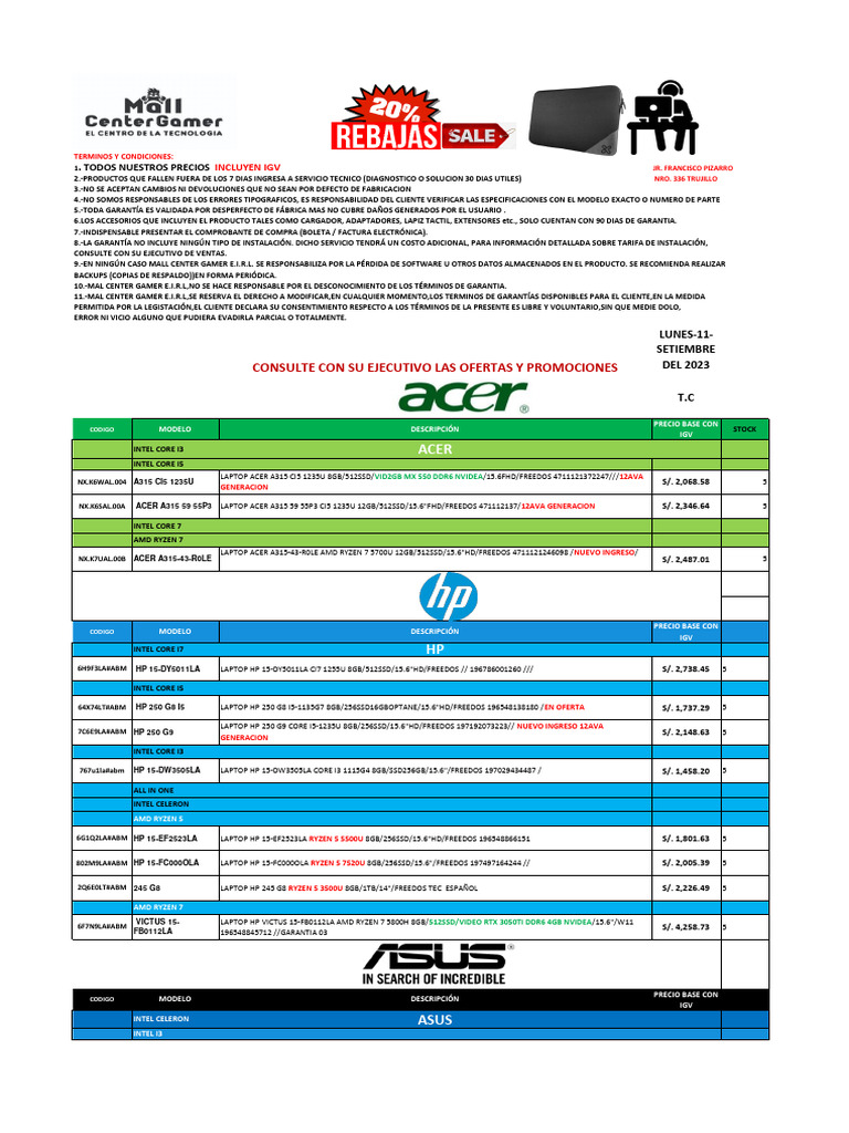Lista Mall Center Gamer Laptops Actualizada 11-09-2023 | PDF