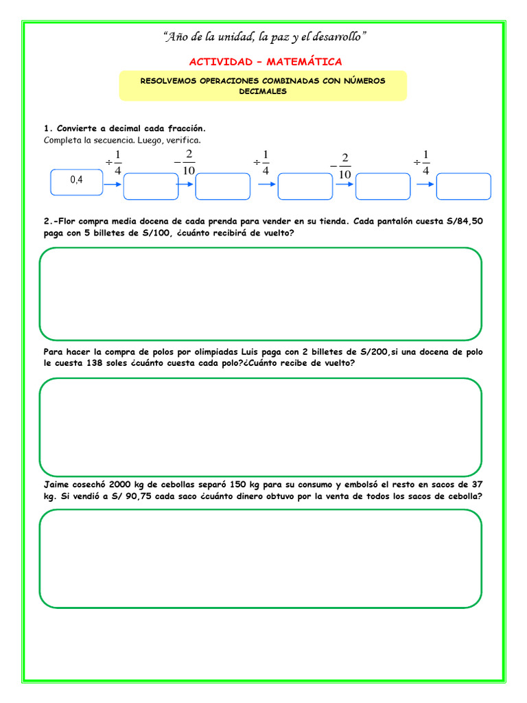 Actividad Matematica-Operaciones Combinadas Con Números Decimales | PDF