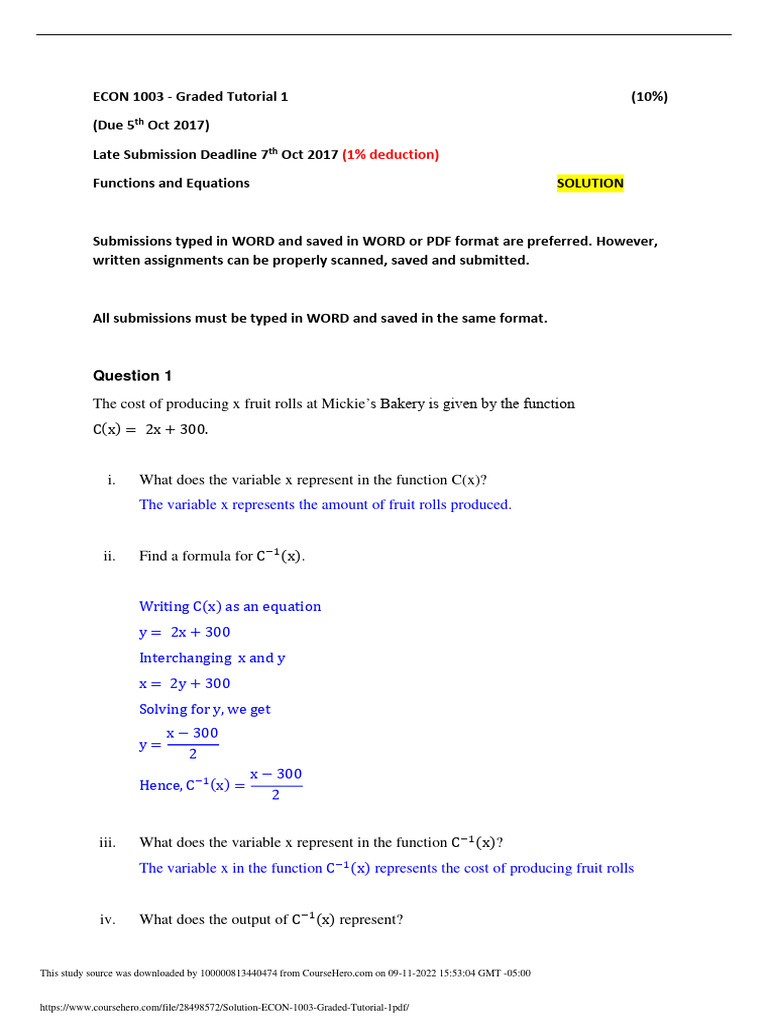Solution ECON 1003 Graded Tutorial 1 PDF | Download Free PDF | Equations | Mathematics