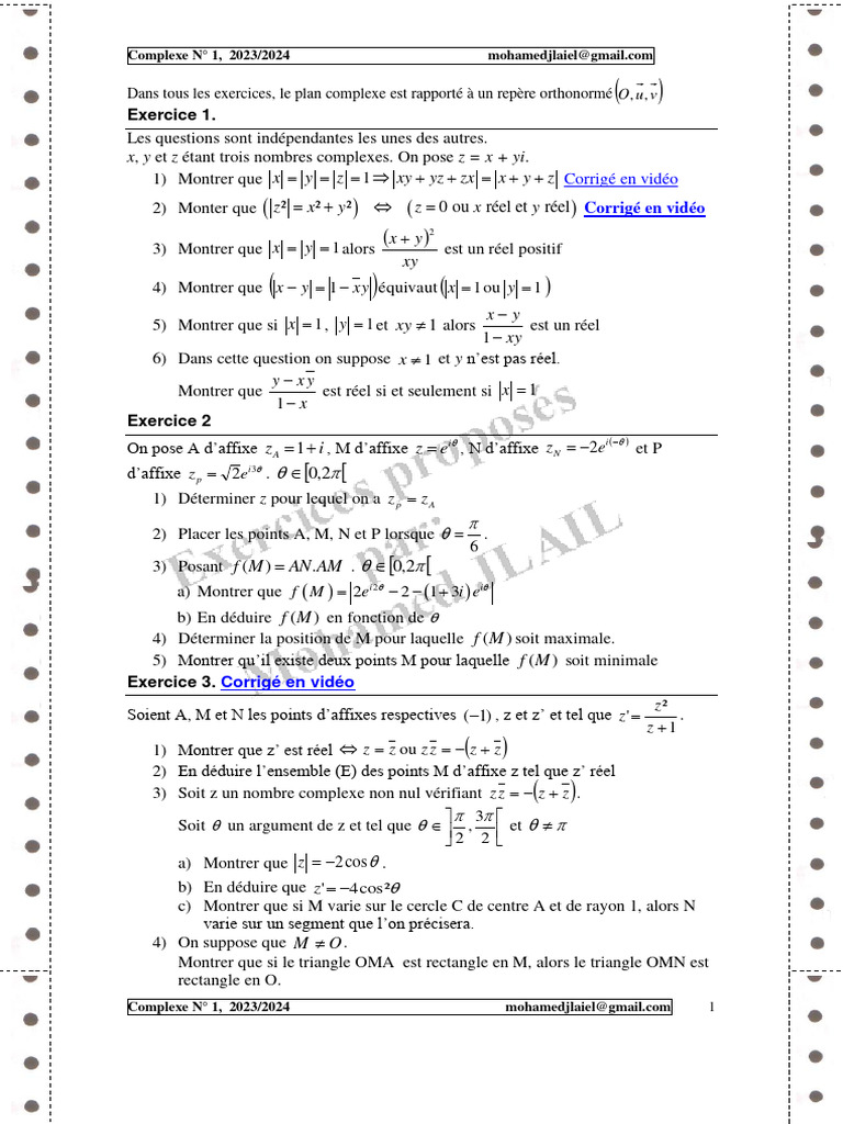 Complexe Série Numéro 1 Avec Les Liens Des Corrigés en Vidéos | PDF
