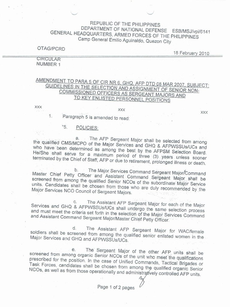 CIR NR 1 GHQ DTD 18 Feb 10 Amendment To para 5 of CIR 6, GHQ AFP DTD 08 Mar 07, Subj. Guidlines ...