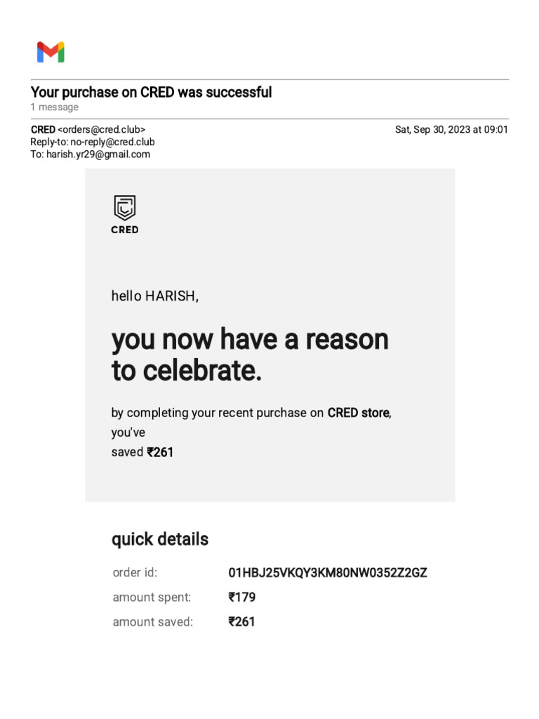 Gmail - Your Purchase On CRED Was Successful | PDF