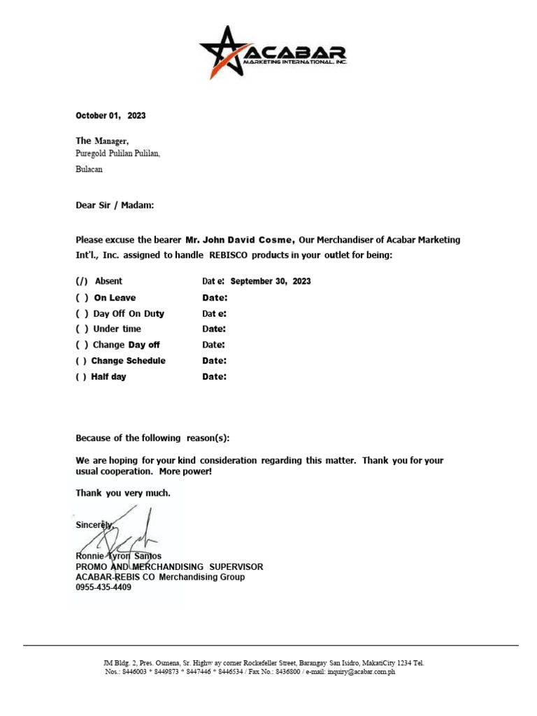 Excuse Letter Mr. Cosme 090823 | PDF