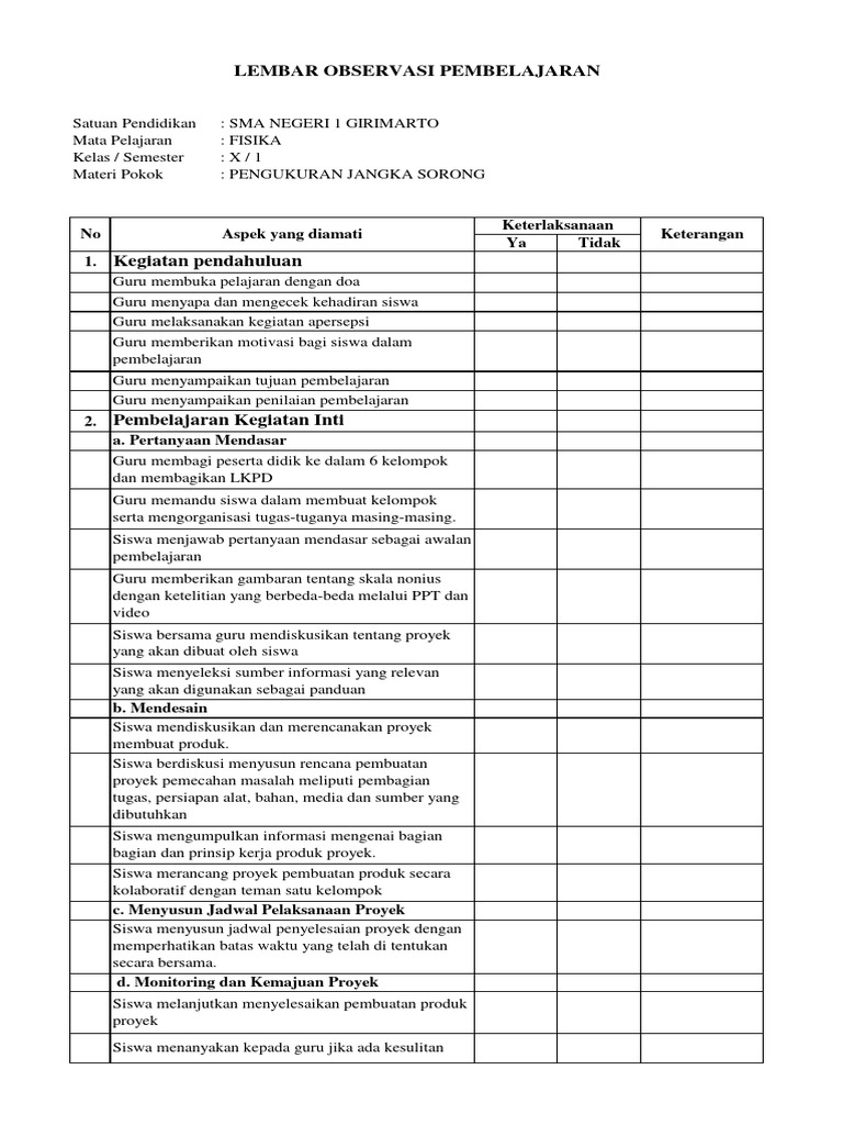 Lembar Observasi Pembelajaran | PDF