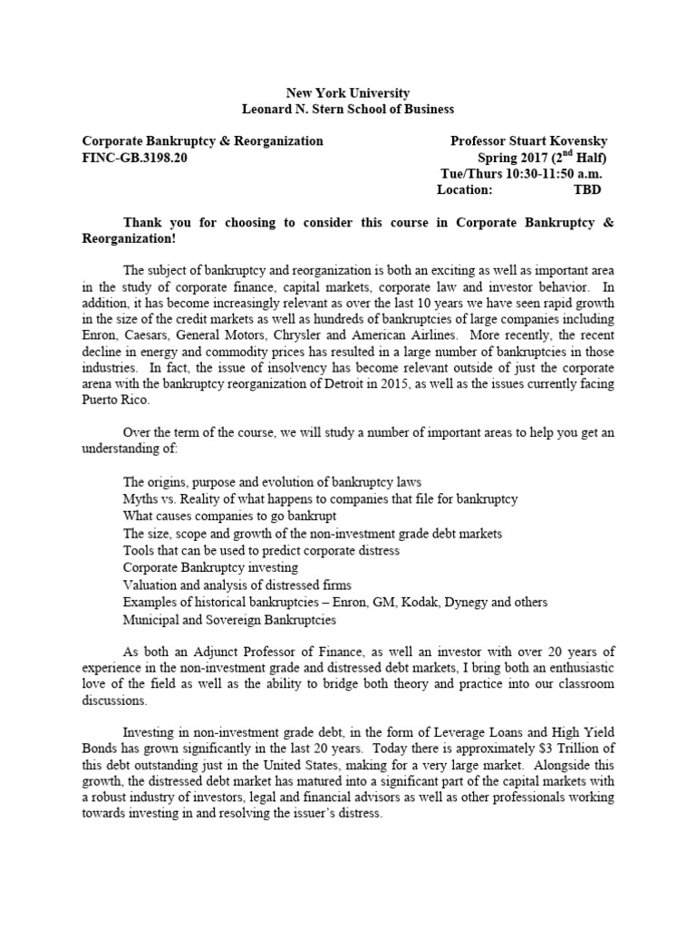 NYU Bankruptcy Course | PDF