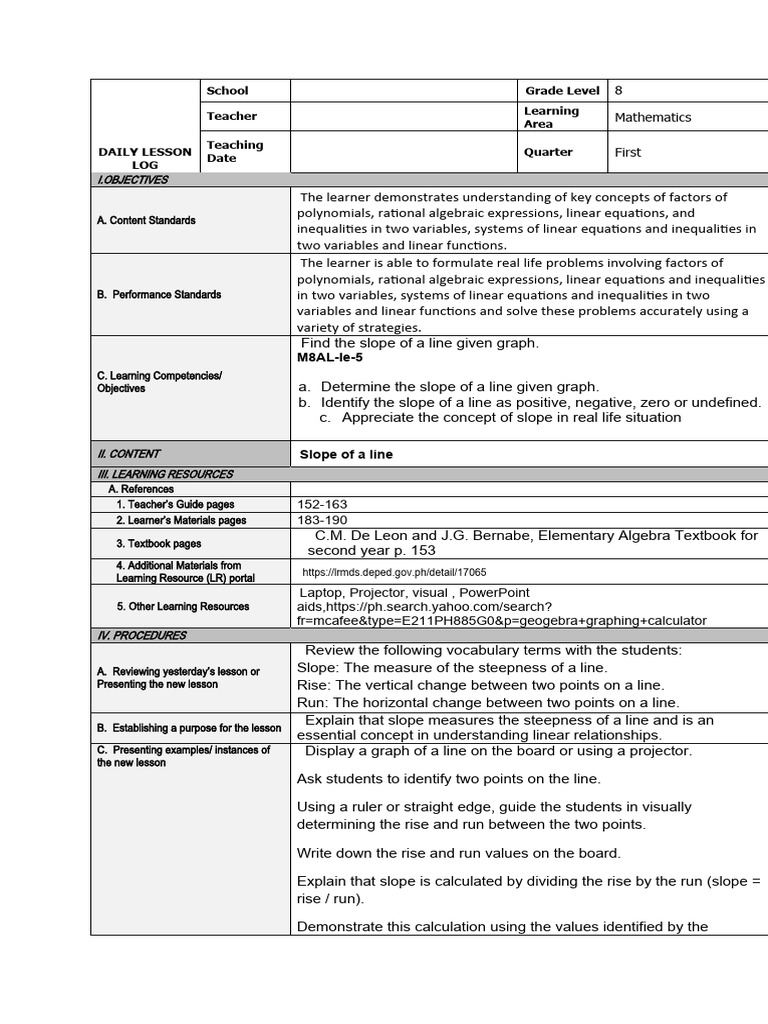 DLL Q1 W6 Day 5 - Slope of A Line Given Graphs | PDF