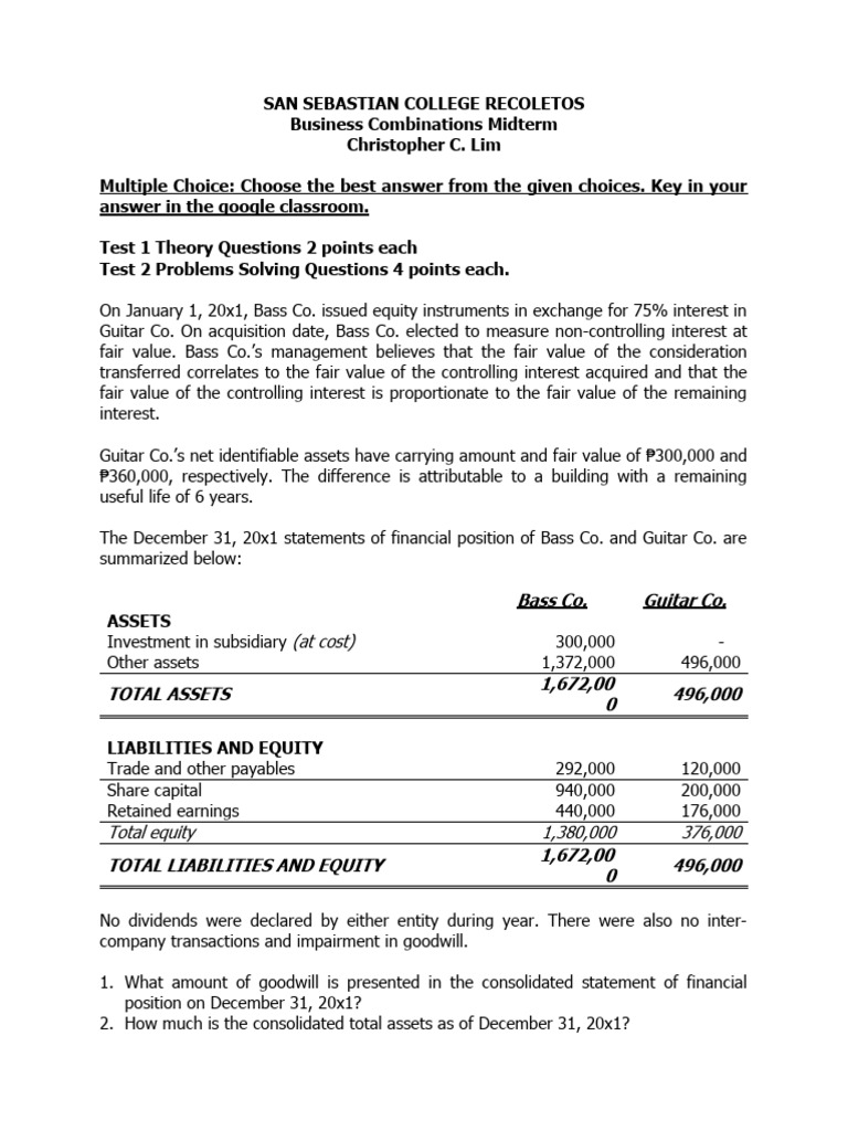 Business Combinations Midterm 2023 For LMS | PDF | Equity (Finance) | Fair Value