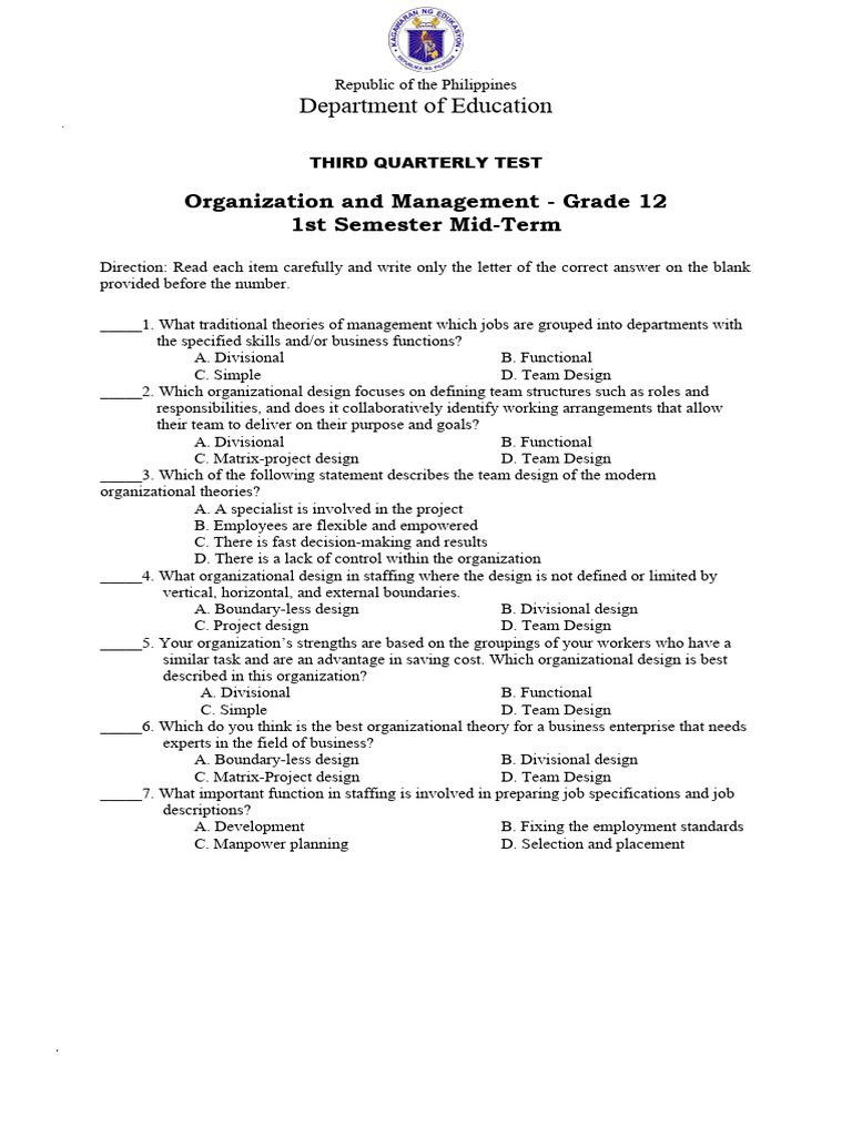Organization and Management Test Q4 | PDF