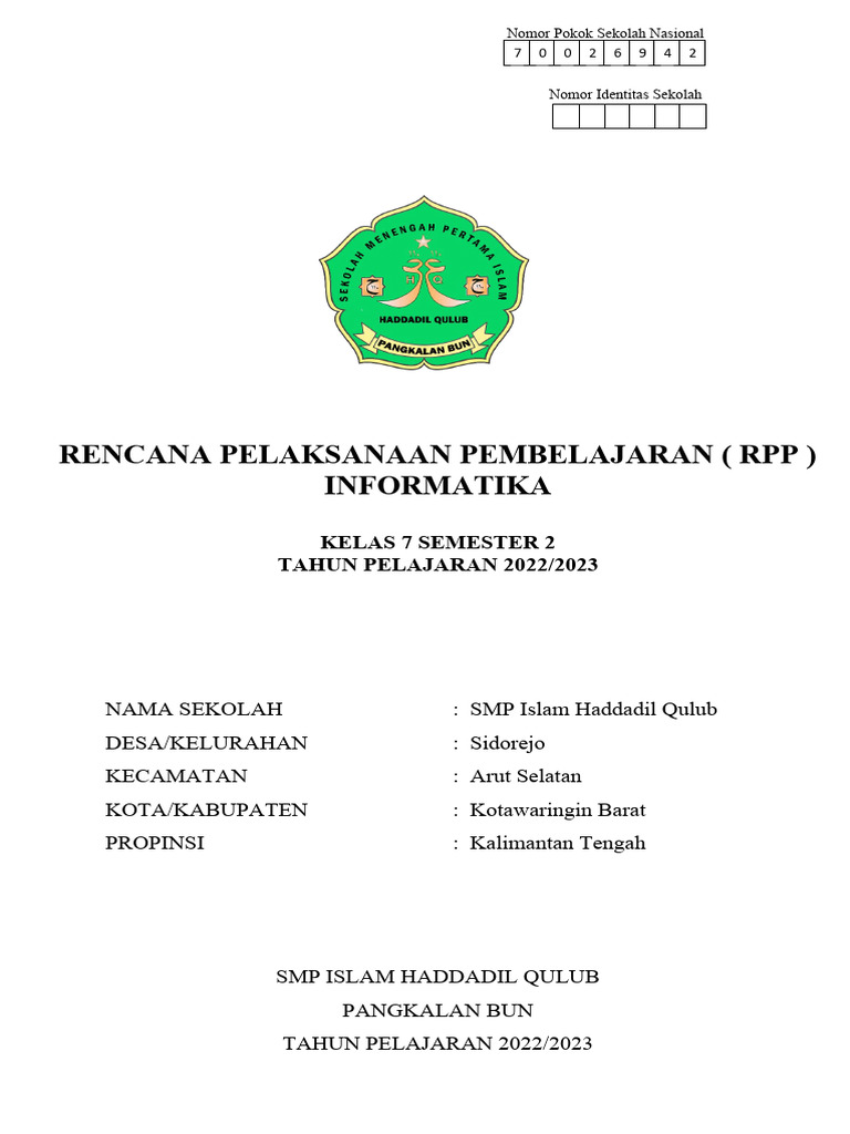 RPP 1 Lembar Informatika Kelas 7 Semester 2 | PDF