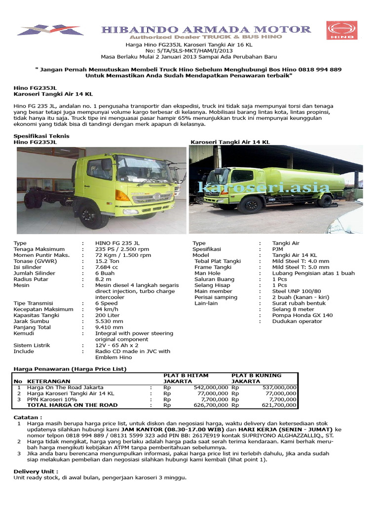 Hino FG 235 JL: Spesifikasi & Harga Karoseri | PDF | Pengelolaan ...