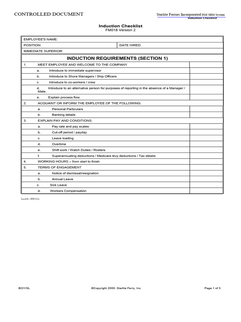 Induction Checklist | PDF