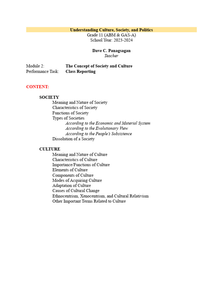 CLASS REPORTING - Module 2-Society and Culture | PDF | Scientific ...
