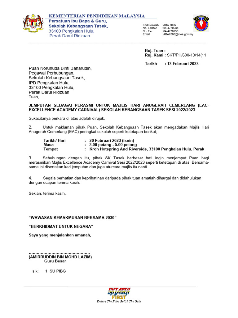 surat jemputan perasmi Pegawai Perhubungan Sekolah | PDF