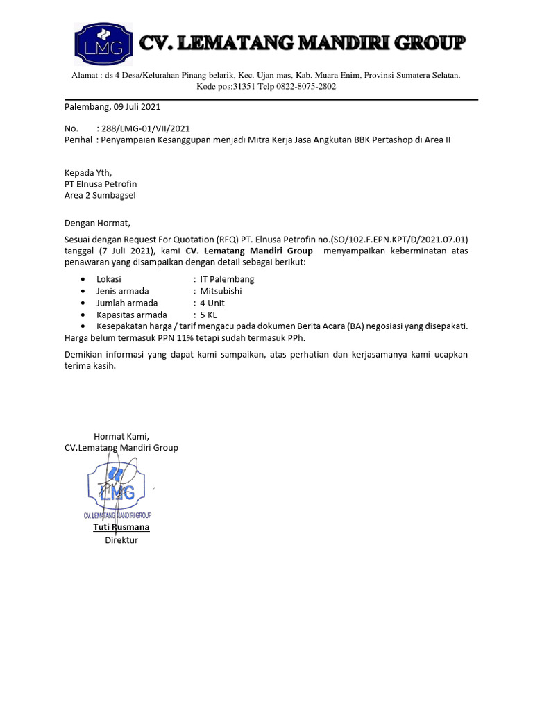 Kesanggupan Menjadi Mitra Kerja PT - LMG | PDF Kesanggupan Menjadi Mitra Kerja PT - LMG | PDF