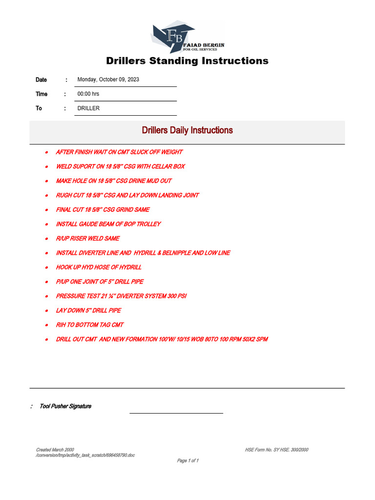 Drillers Standing Instructions 19-7-2023 | PDF