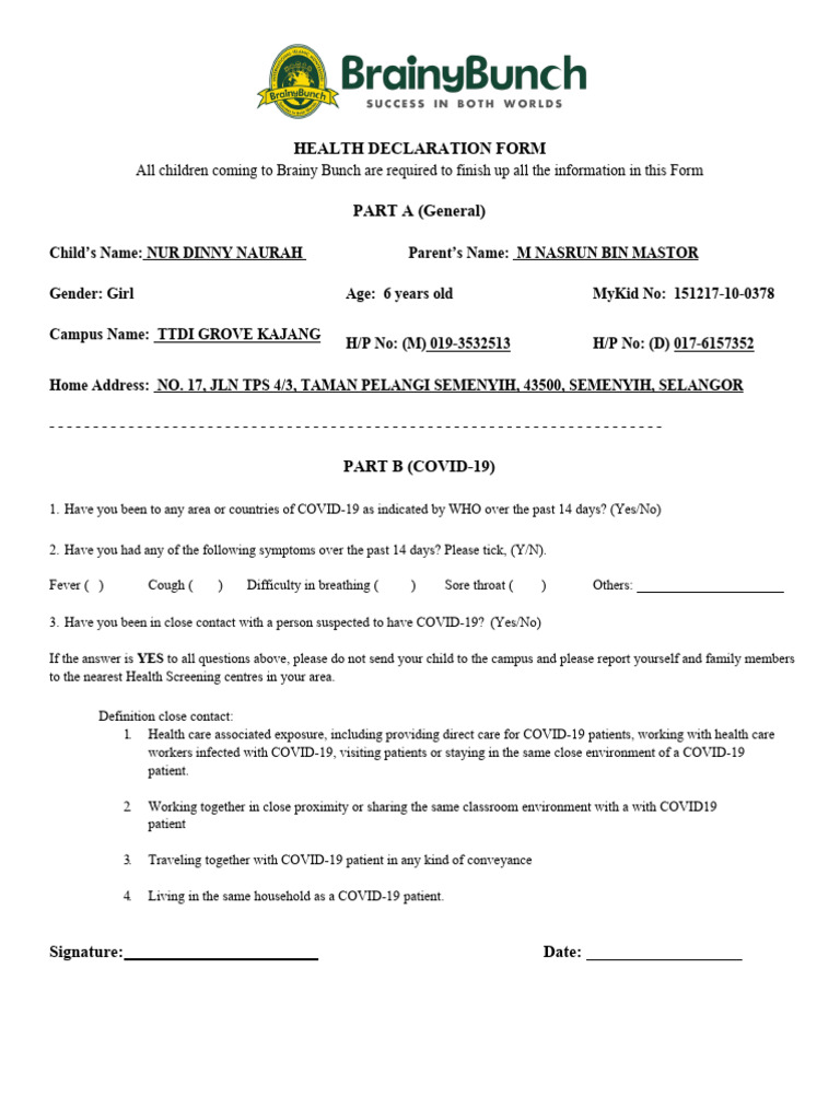 Brainy Bunch Health Form | PDF | Wellness