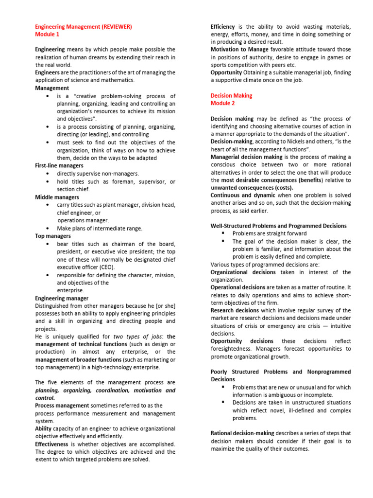 REVIEWER Engineering Management | PDF | Decision Making | Nonverbal ...