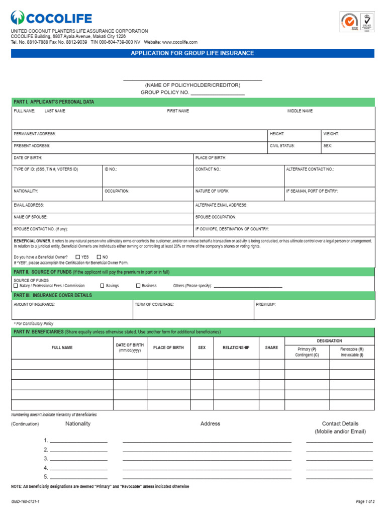 GMD-160-0721-1 (GroupLifeInsurance (Individual) AppForm) | PDF