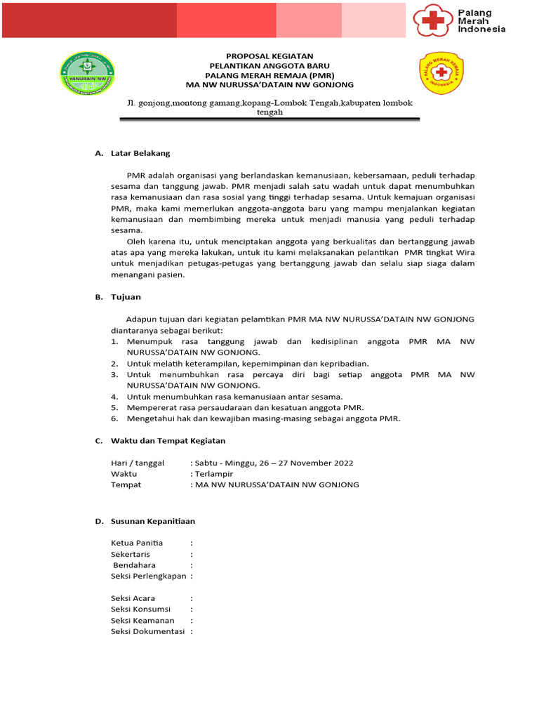 Proposal Kegiatan Pelantikan PMR | PDF