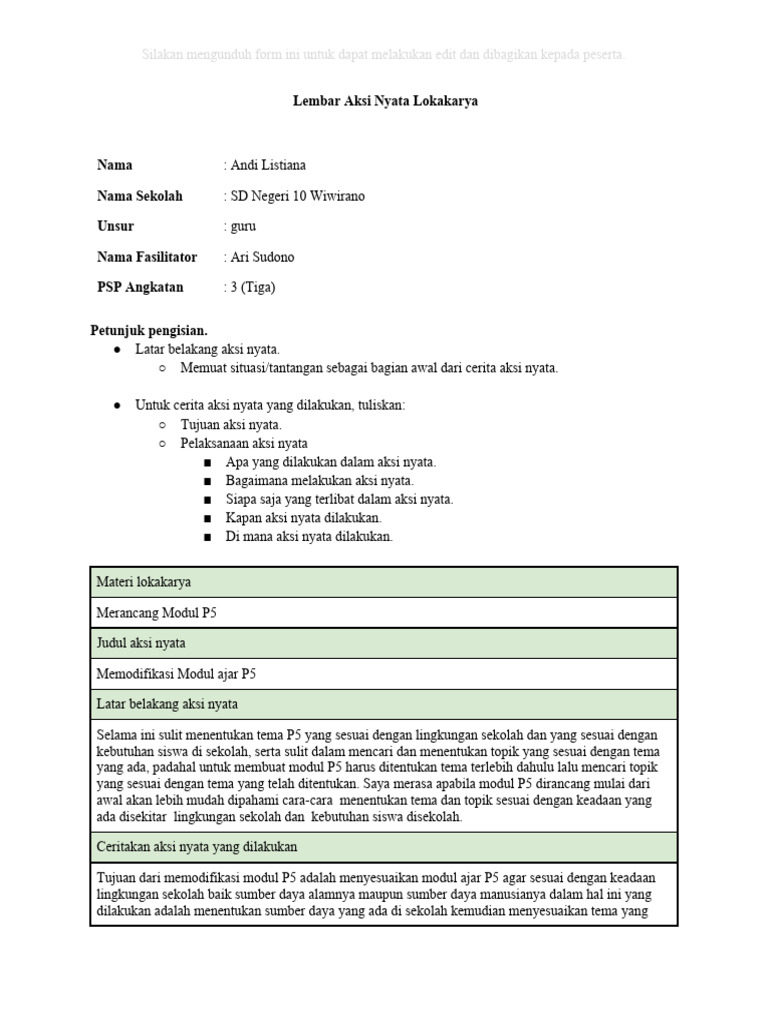 Lembar Aksi Nyata Lokakarya | PDF
