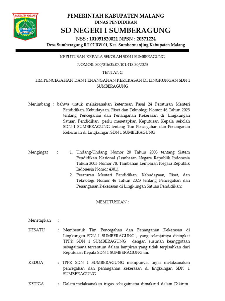 Lampiran 2_ Contoh SK Kepala Satuan Pendidikan Pembentukan TPPK | PDF
