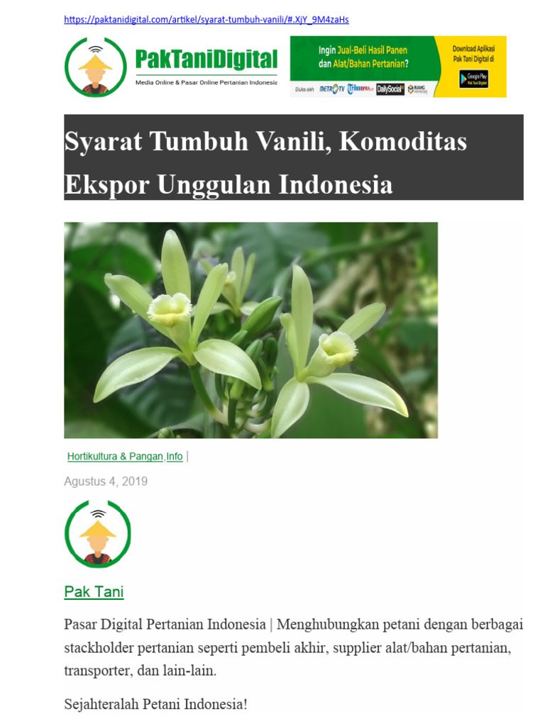 Syarat Tumbuh Vanili, Komoditas Ekspor Unggulan Indonesia | PDF