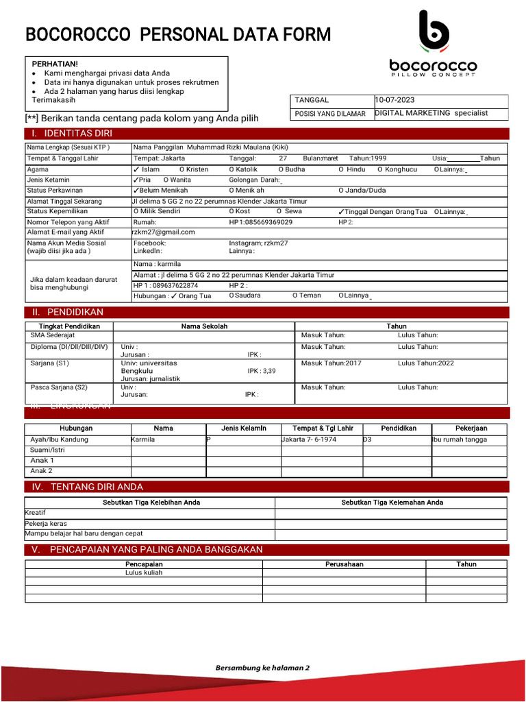 Bocoroco Personal Data Form | PDF