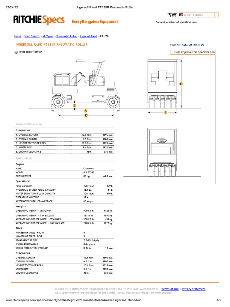 Ingersoll Rand PT125R Pneumatic Roller Specs | PDF