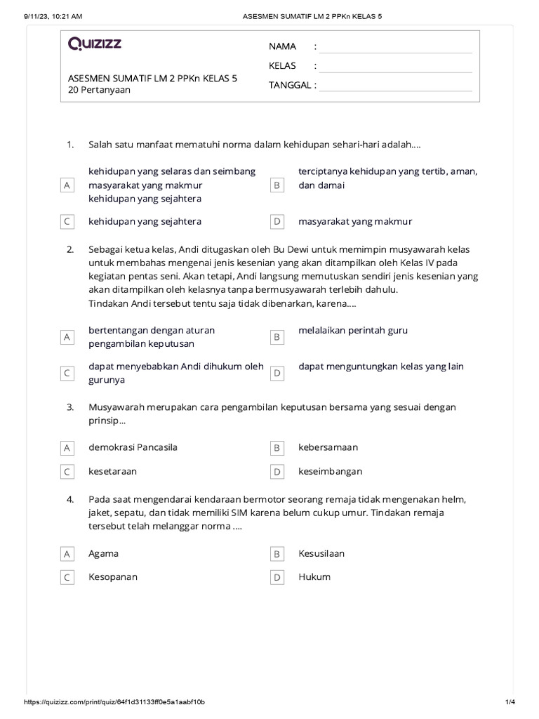 ASESMEN SUMATIF LM 2 PPKN KELAS 5 | PDF