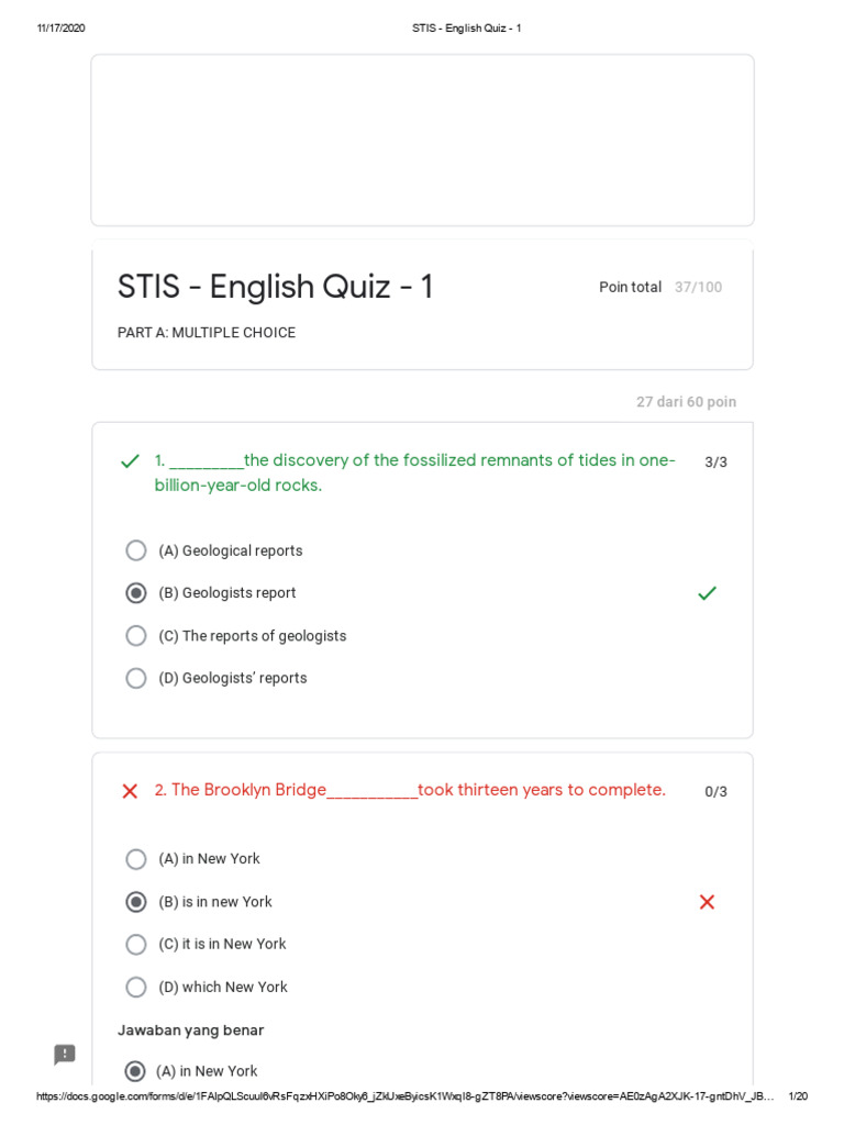 STIS - English Quiz - 1 | PDF | Teaching Methods & Materials