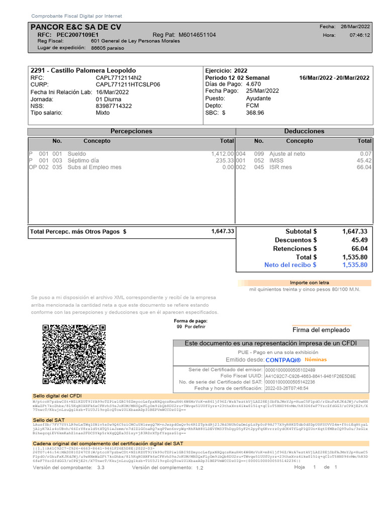 Pancor E&C Sa de CV: 2291 - Castillo Palomera Leopoldo | PDF