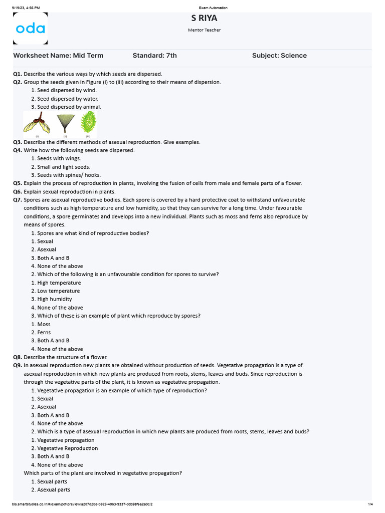 Plant Reproduction Methods Worksheet | PDF