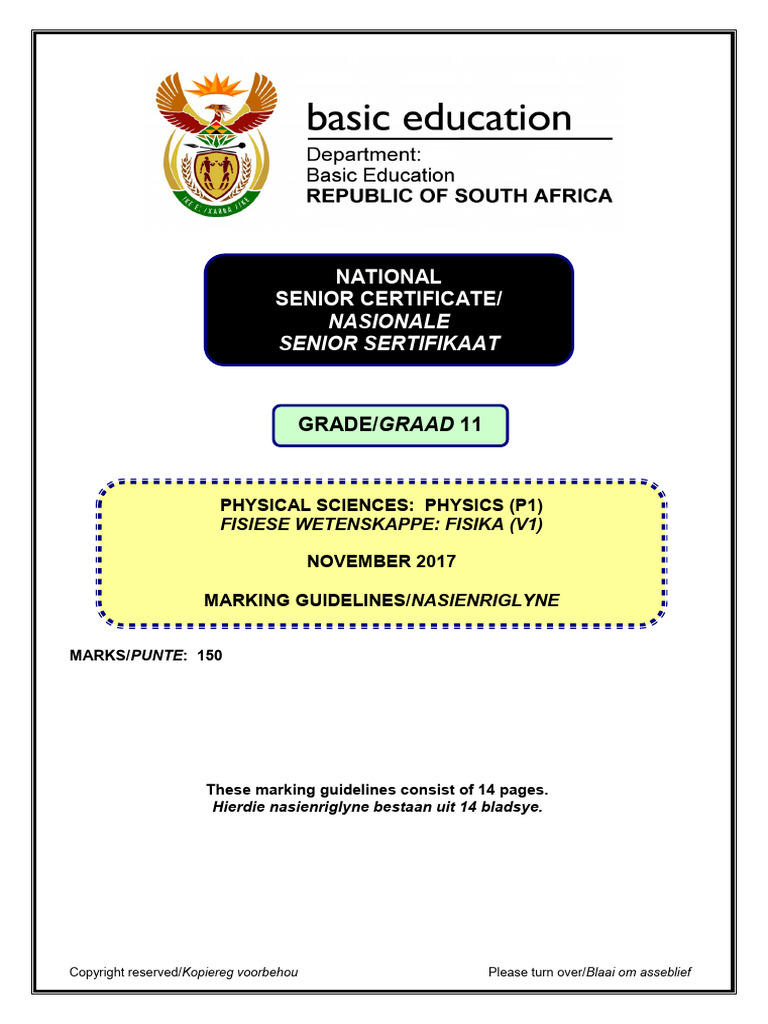 Physical Sciences P1 Grade 11 Nov 2017 Memo Afr & Eng | PDF