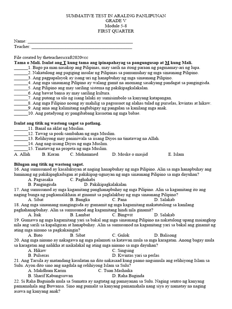 Summative Test in Araling Panlipunan | PDF